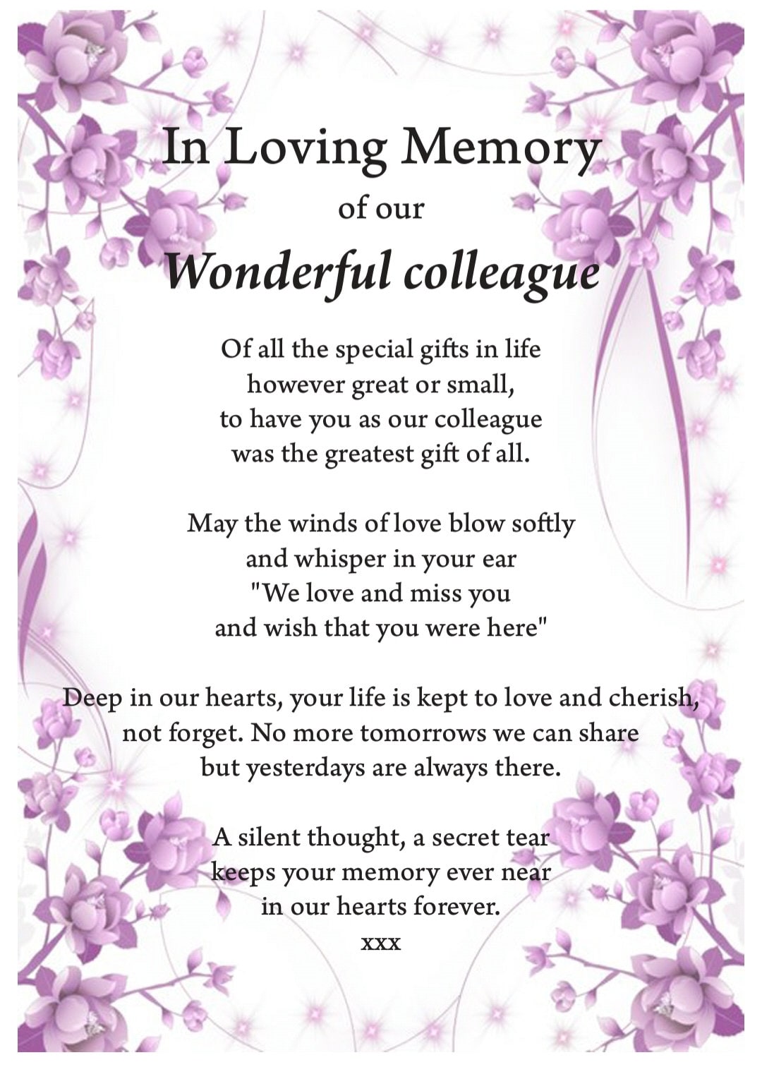 Colleague in Loving Memory Print, Funeral Poem, Missing You, Bereavement, Heaven Print, Grief ...