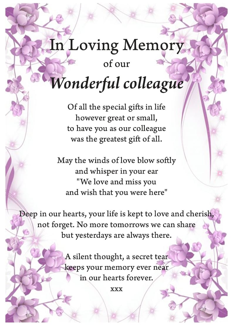 Colleague in Loving Memory Print, Funeral Poem, Missing You, Bereavement, Heaven Print, Grief ...