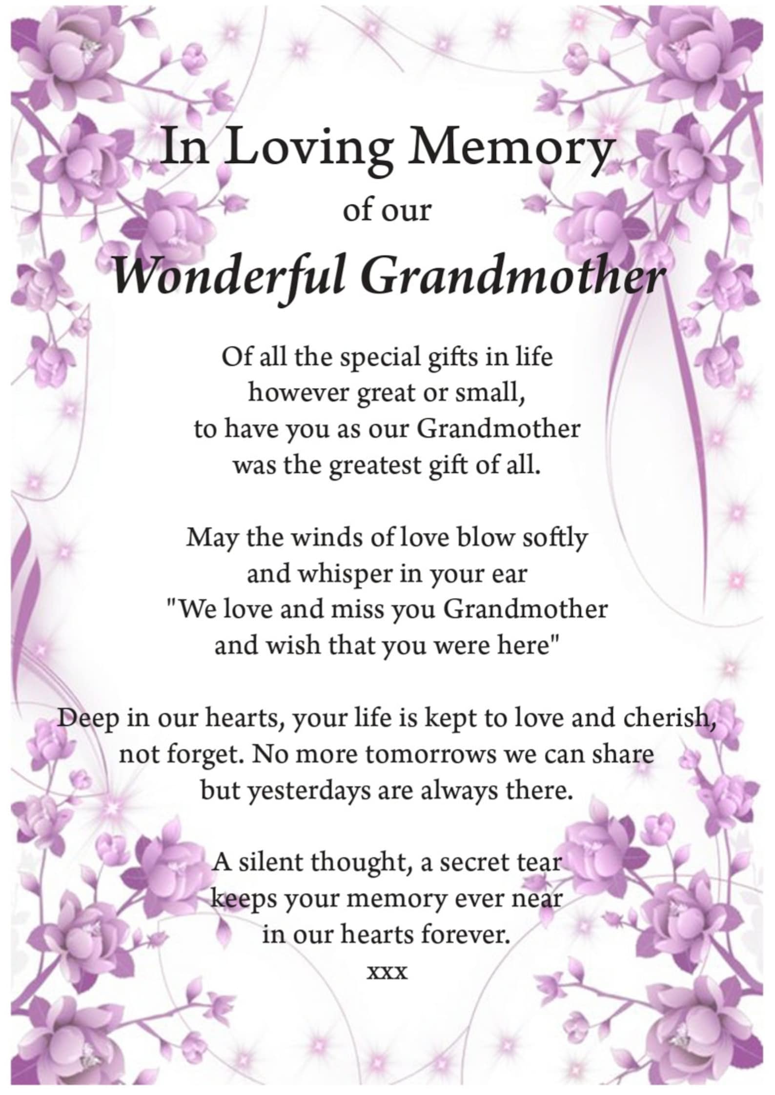 Grandmother in Loving Memory Print, Funeral Poem, Missing You ...