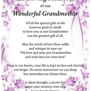 Grandmother in Loving Memory Print, Funeral Poem, Missing You ...