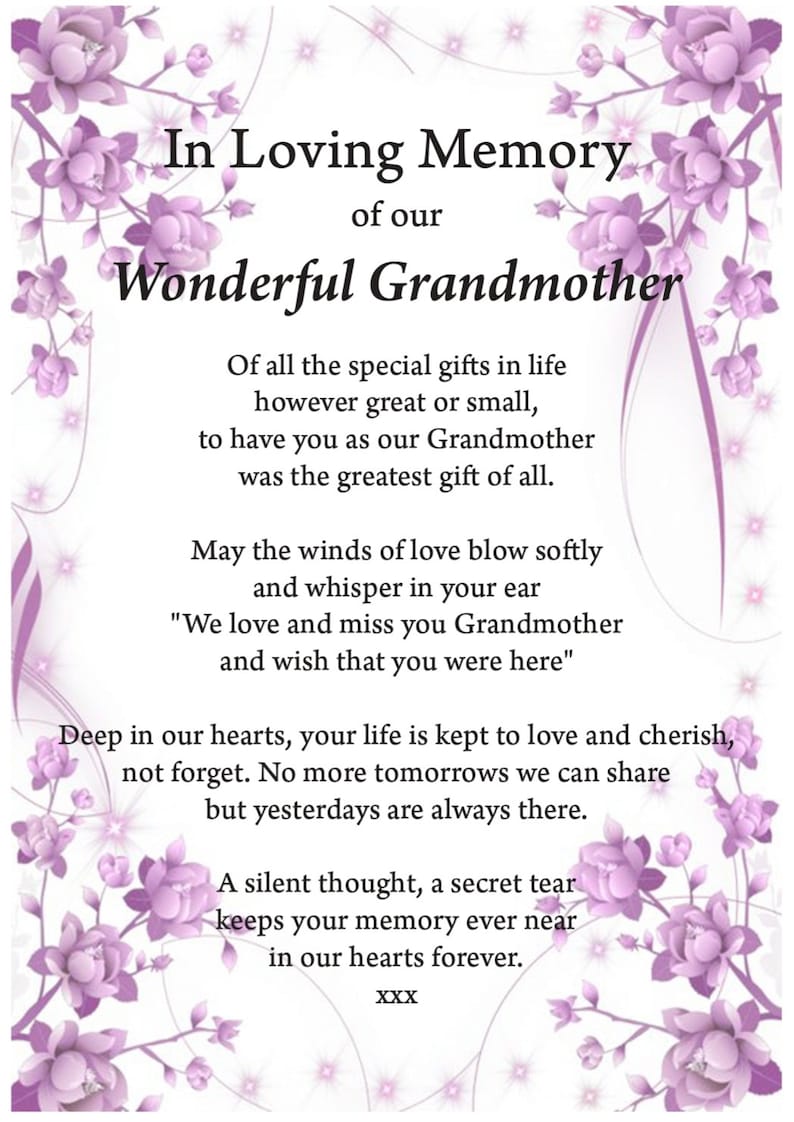 Grandmother in Loving Memory Print, Funeral Poem, Missing You ...