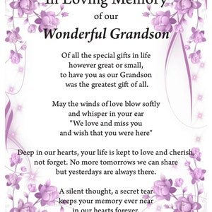 Grandson in Loving Memory Print, Funeral Poem, Missing You, Bereavement ...