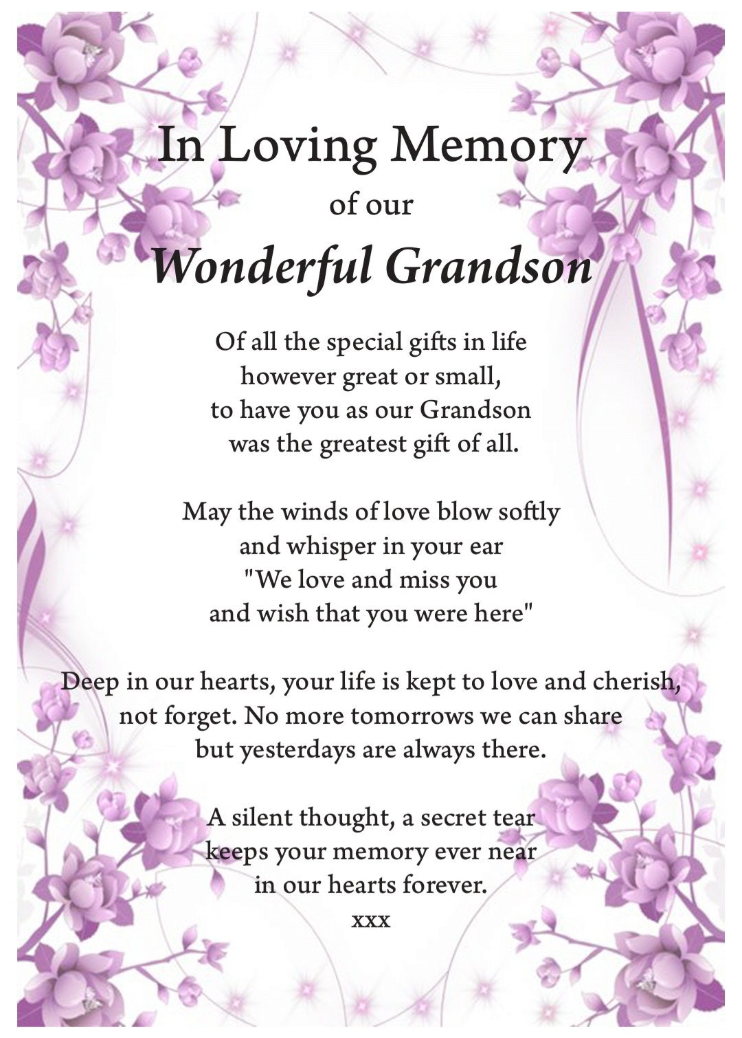 Grandson in Loving Memory Print, Funeral Poem, Missing You, Bereavement ...