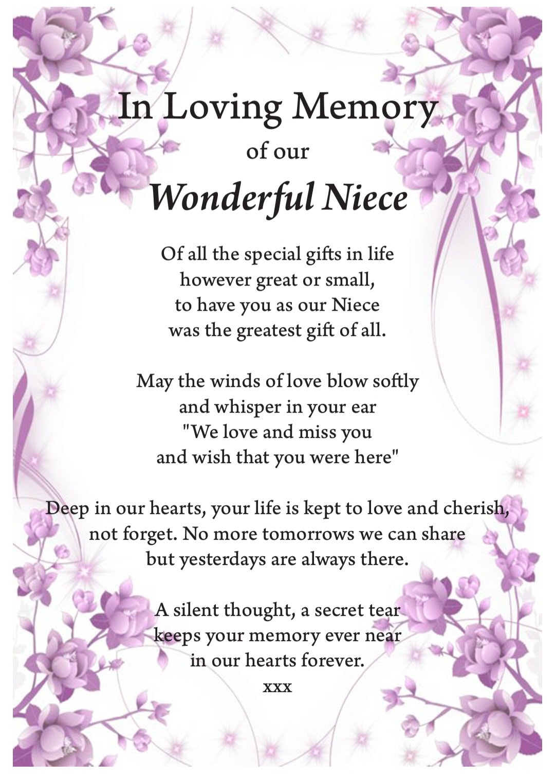 Niece in Loving Memory Print, Funeral Poem, Missing You, Bereavement ...