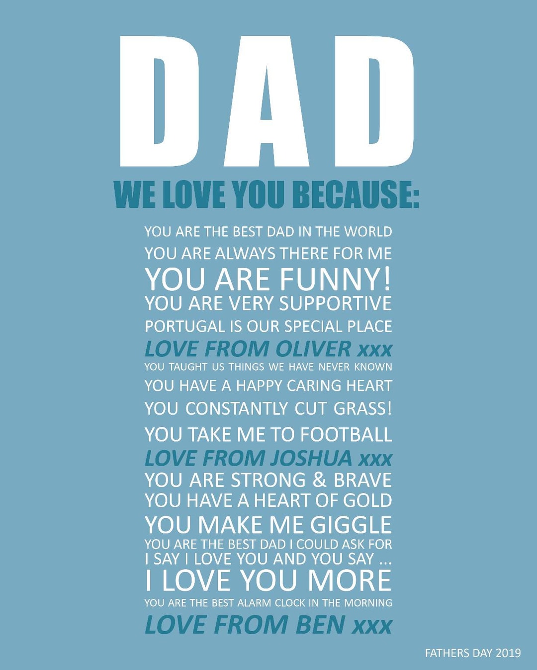 Dad We Love You A4 Print, Gift for Him, Children, Keepsake, Home Decor ...