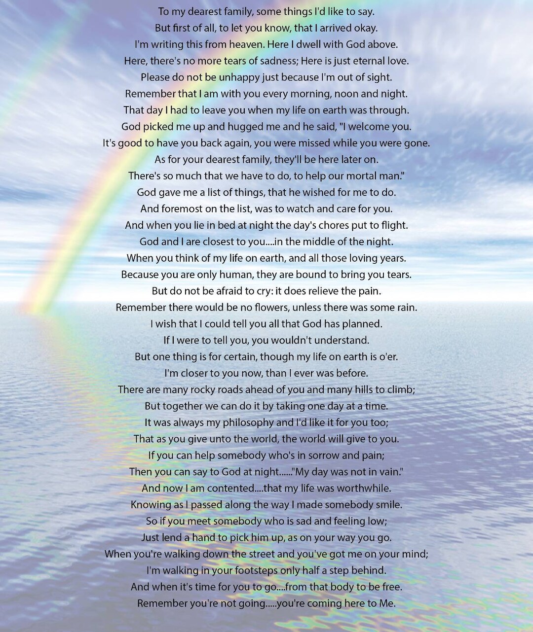 Letter From Heaven Print, to My Dearest Family, Funeral Poem, Missing ...