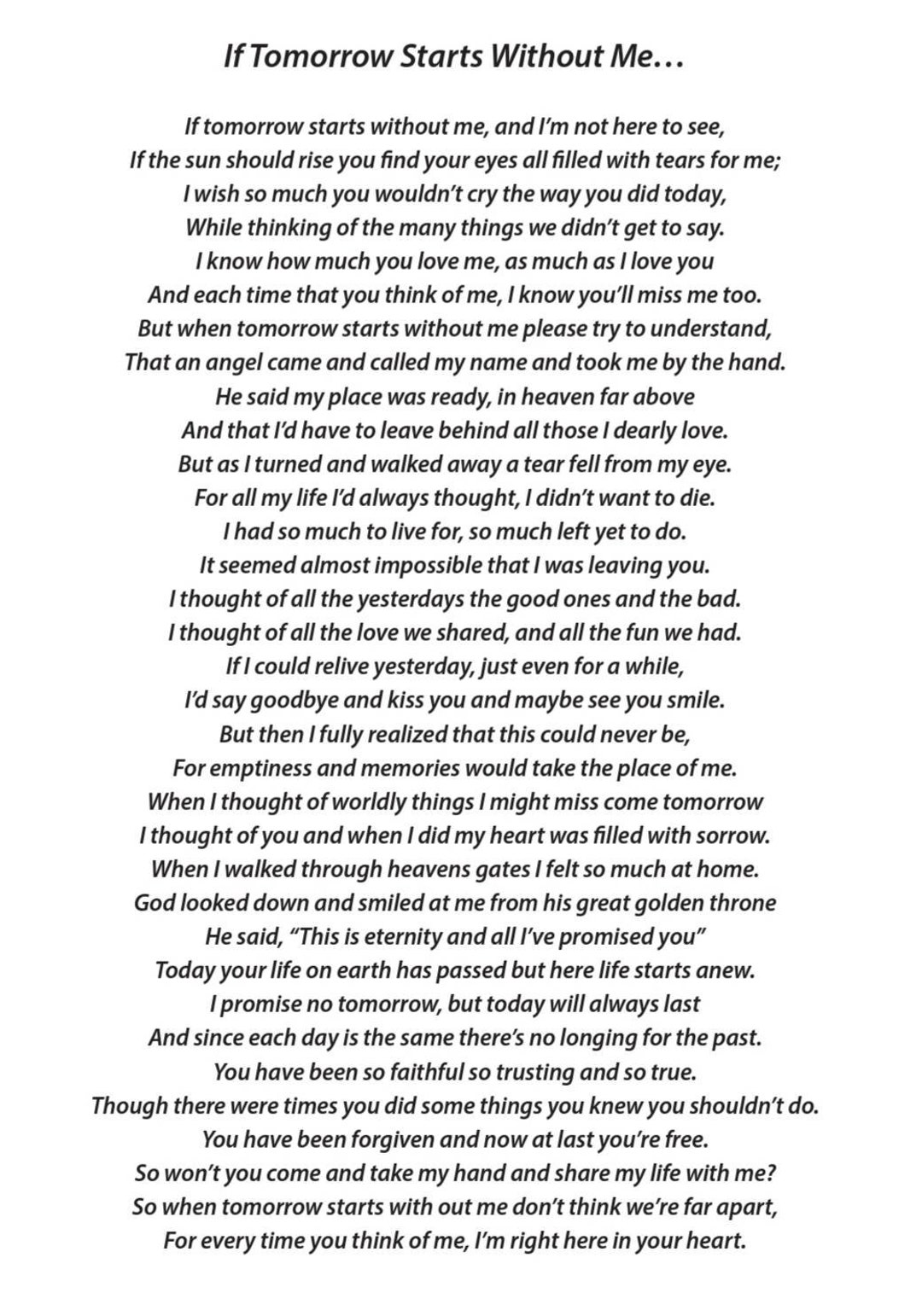 If Tomorrow Starts Without Me Print, Funeral Poem, Missing You ...