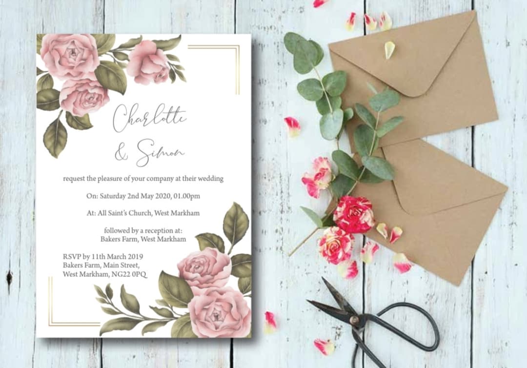 Rose Wedding Invitation, Pink Roses, Floral Wedding Invitation, Summer ...