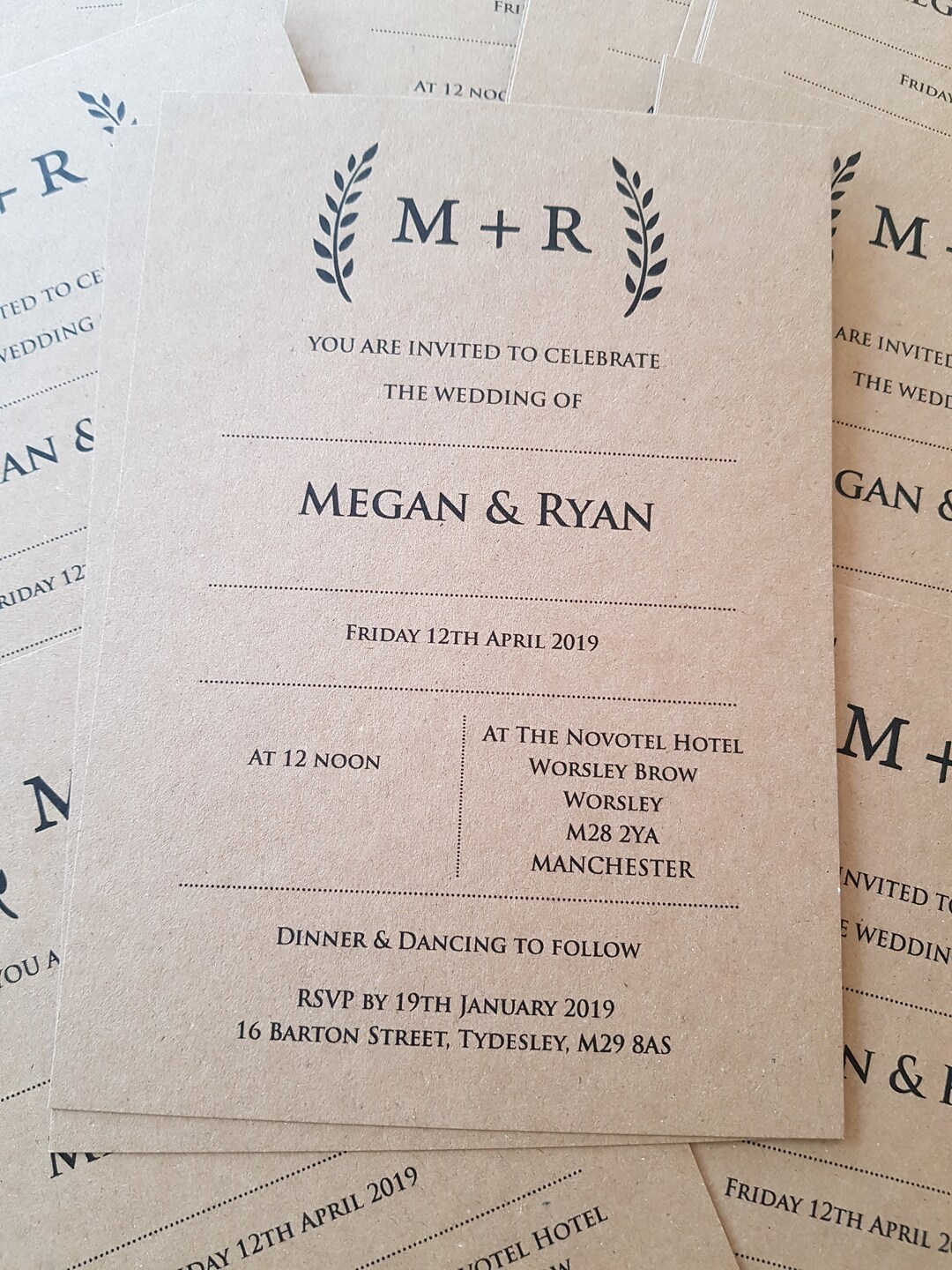 Kraft Card Wedding Invitation, Recycled Card Invite, Personalised ...