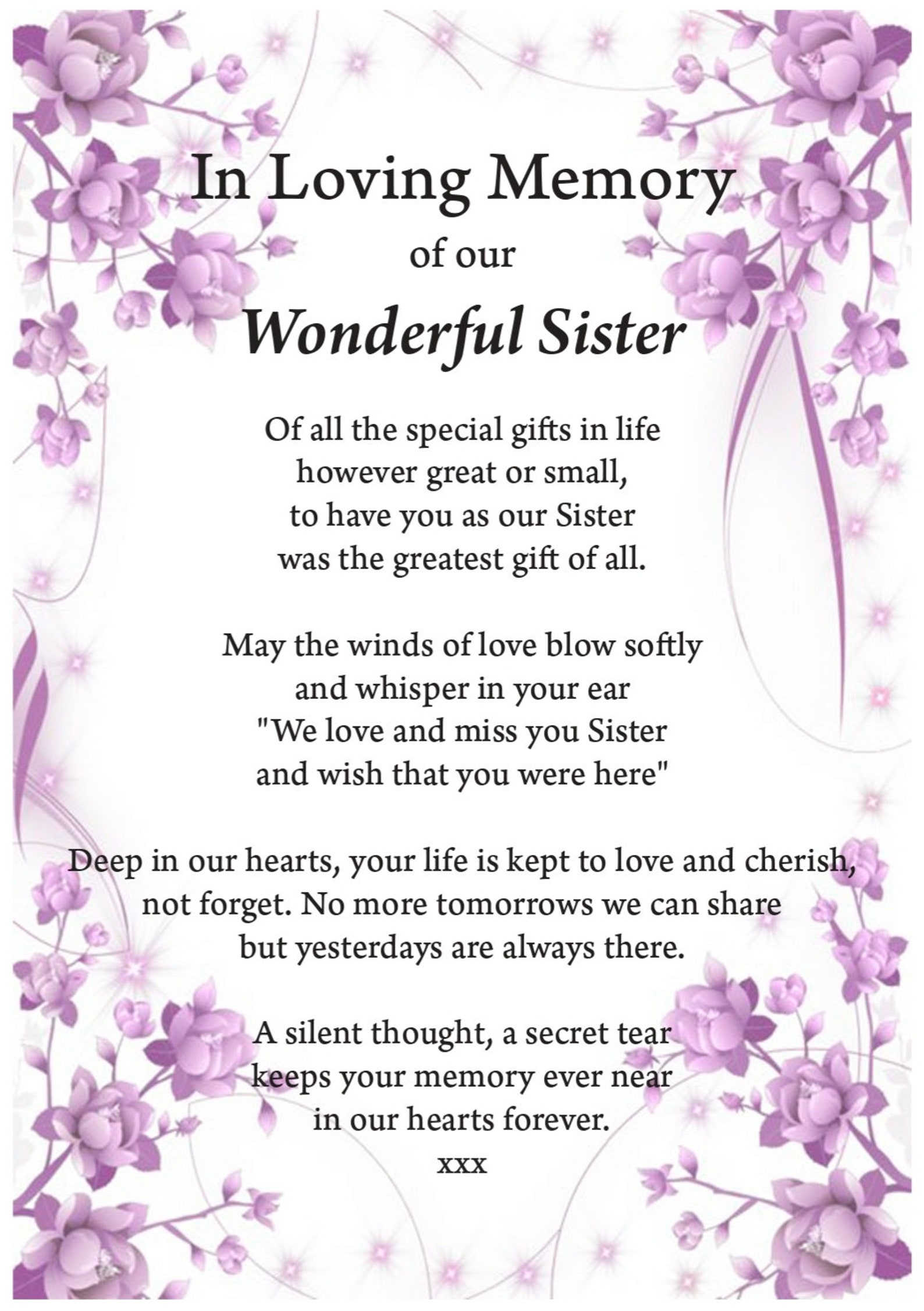 Sister in Loving Memory Print, Funeral Poem, Missing You, Bereavement ...