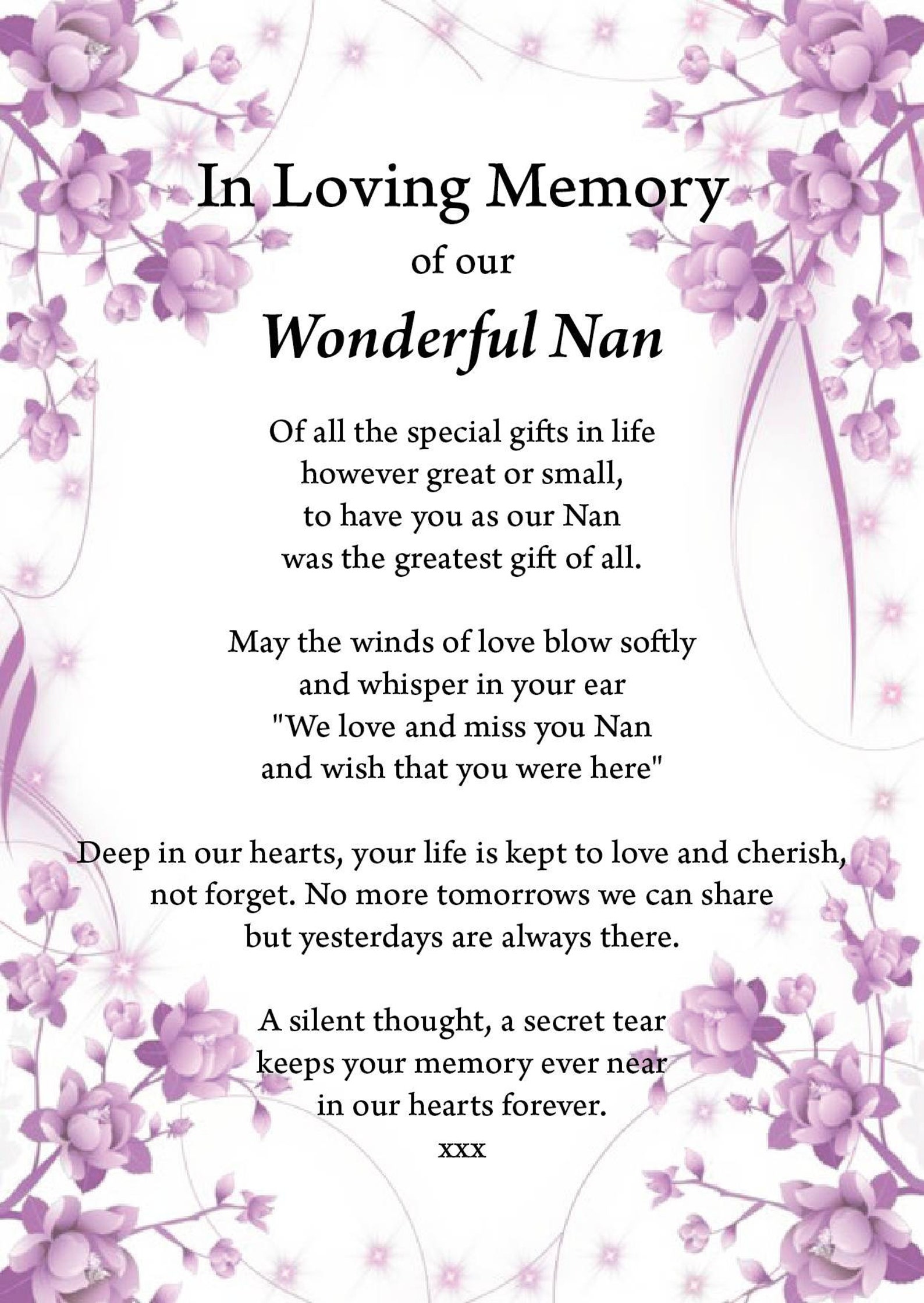 Nan In Loving Memory Print Miss You Nan Funeral Poem Etsy