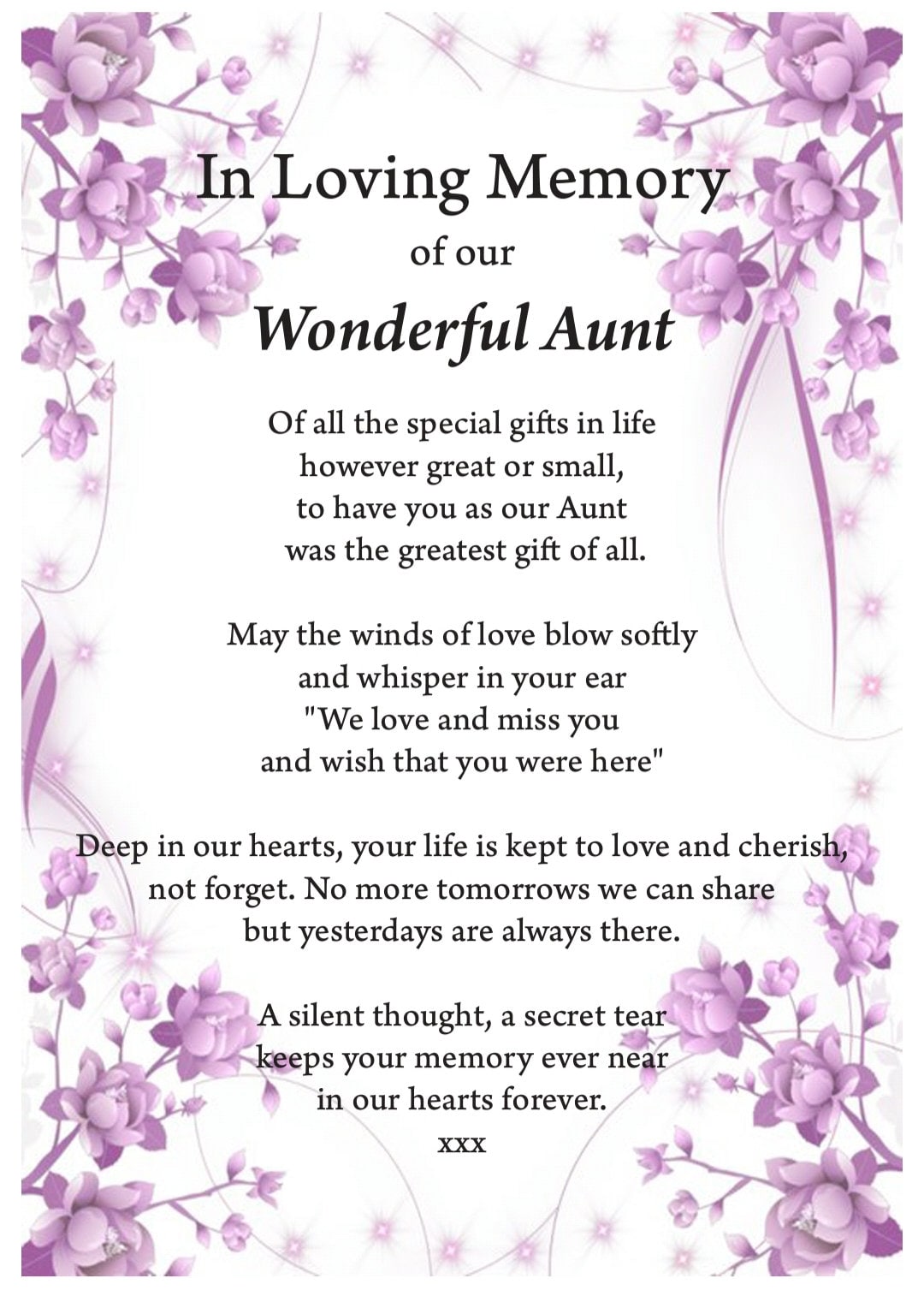 Aunt in Loving Memory Print, Funeral Poem, Missing You, Bereavement ...
