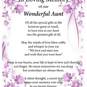 Aunt in Loving Memory Print, Funeral Poem, Missing You, Bereavement ...