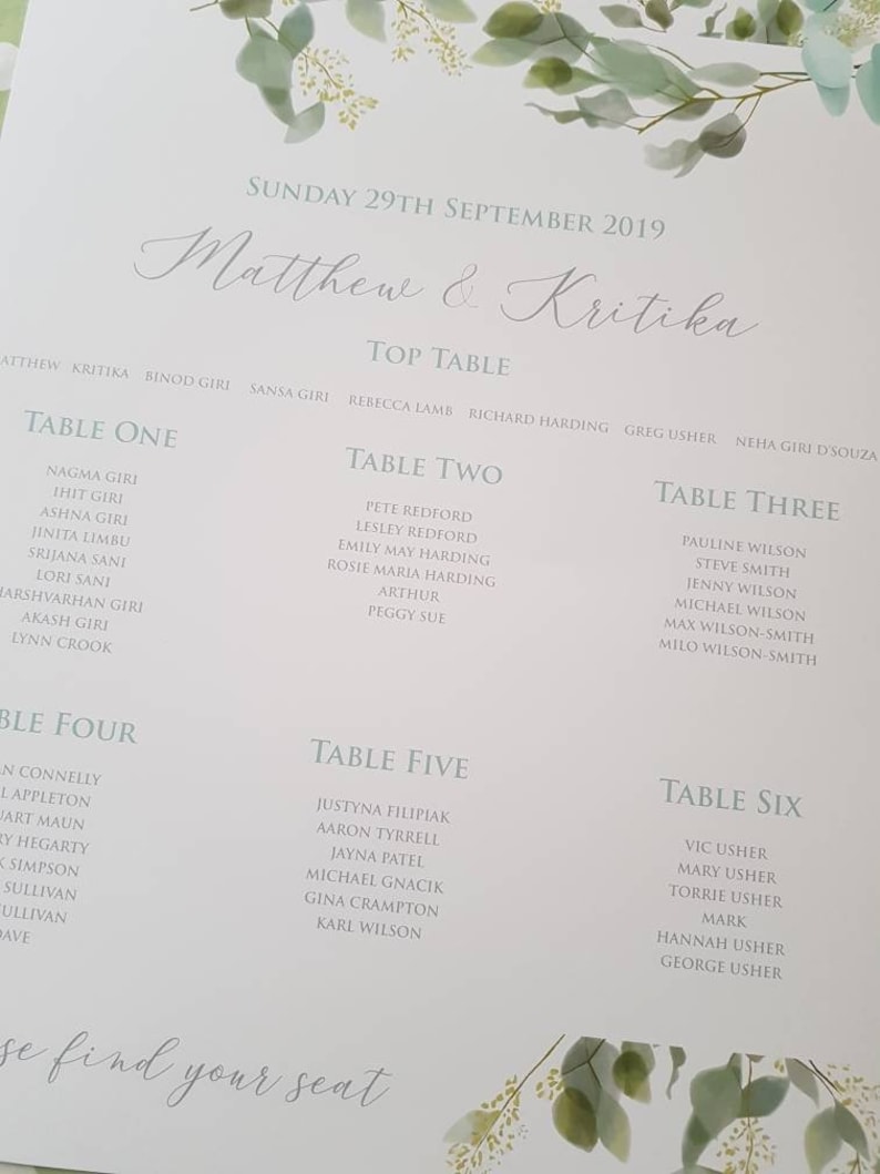 Eucalyptus Wedding Seating Plan Table Plan Wedding Day - Etsy