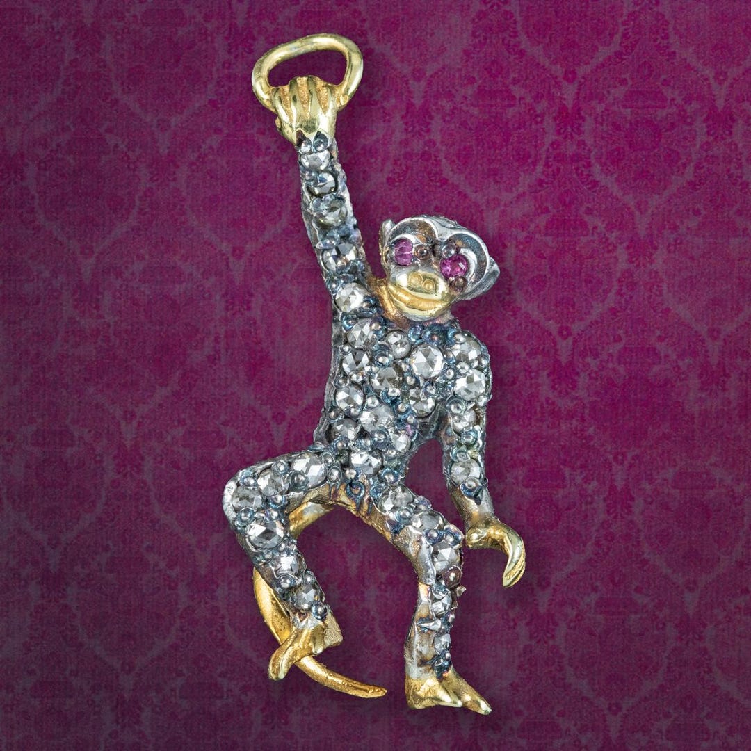 Victorian Style Diamond Monkey Charm Pendant Ruby Eyes - Etsy