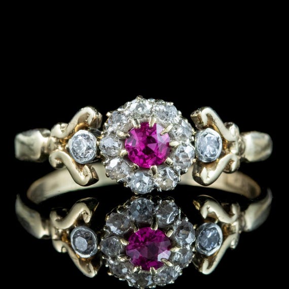 Antique Victorian Ruby Diamond Daisy Cluster Ring - Gem
