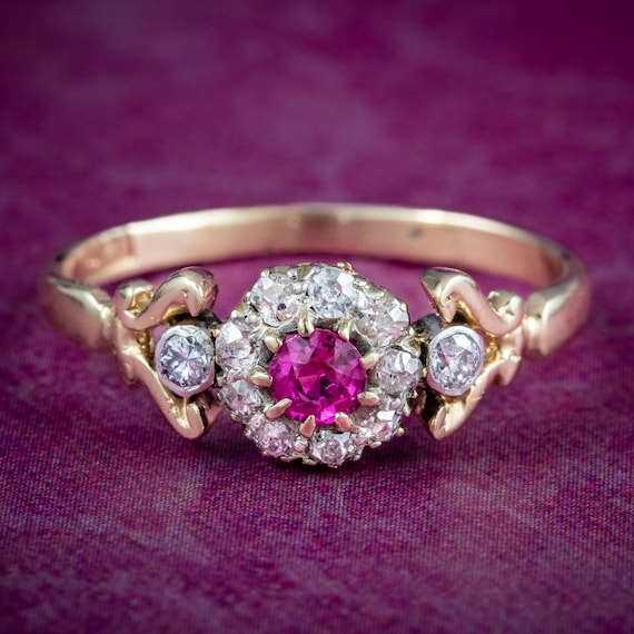 Antique Victorian Ruby Diamond Daisy Cluster Ring - Gem