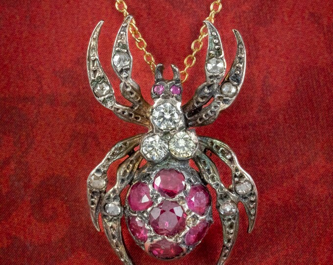 Victorian Style Ruby Diamond Spider Pendant Necklace Silver 18ct Gold ...