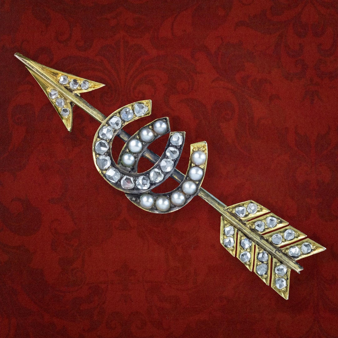 Broche de flecha de perla de diamante de herradura victoriana antigua ...