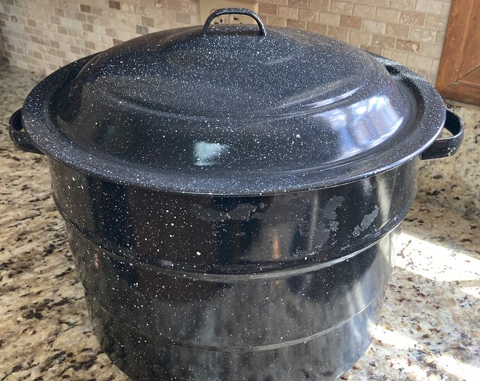 Giant Granite Ware Canning Pot With Jar Lifter And Original Ball Jars Unused Black With