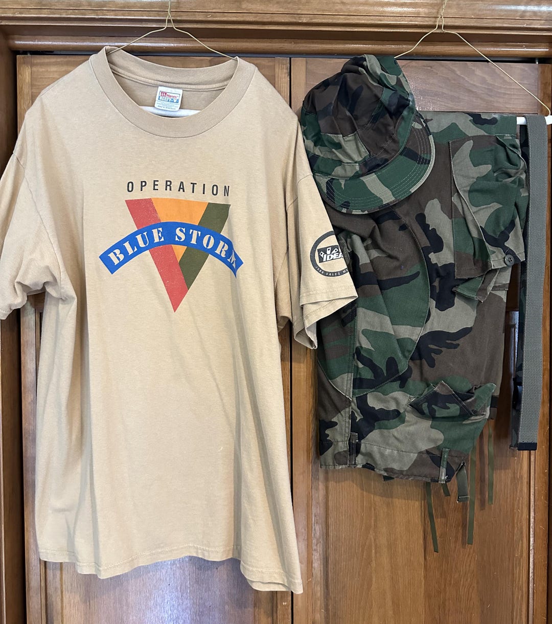 Vintage Army Combat Outfit: Blue Storm T-shirt, Camo Pants, Hat & Belt ...
