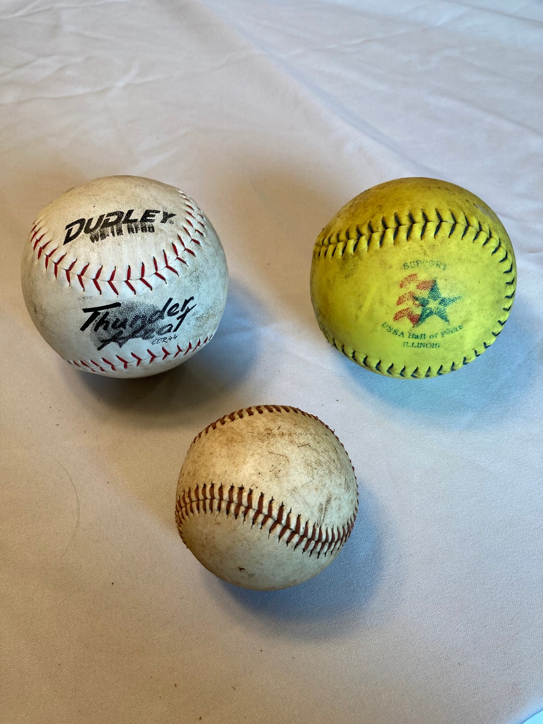 Lot of 3 Assorted Baseballs, Hard Ball, White and Yellow Softball ...