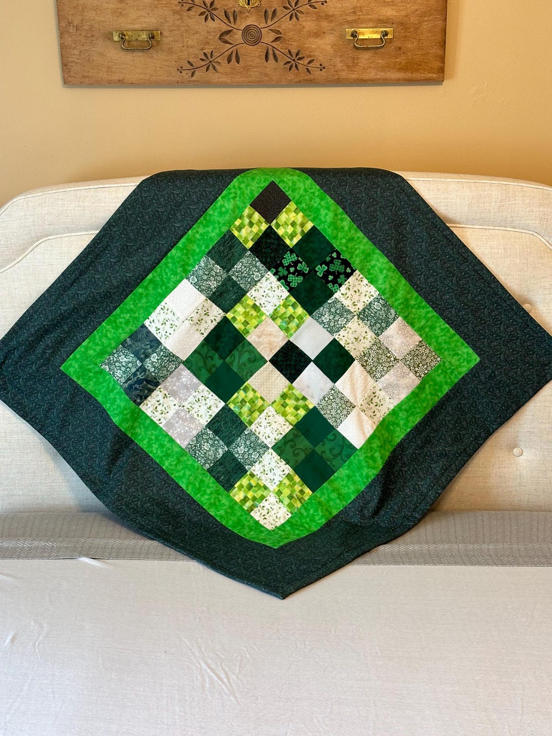 Green Checkerboard Table Topper, Throw or Wall Hanging, Four Square ...