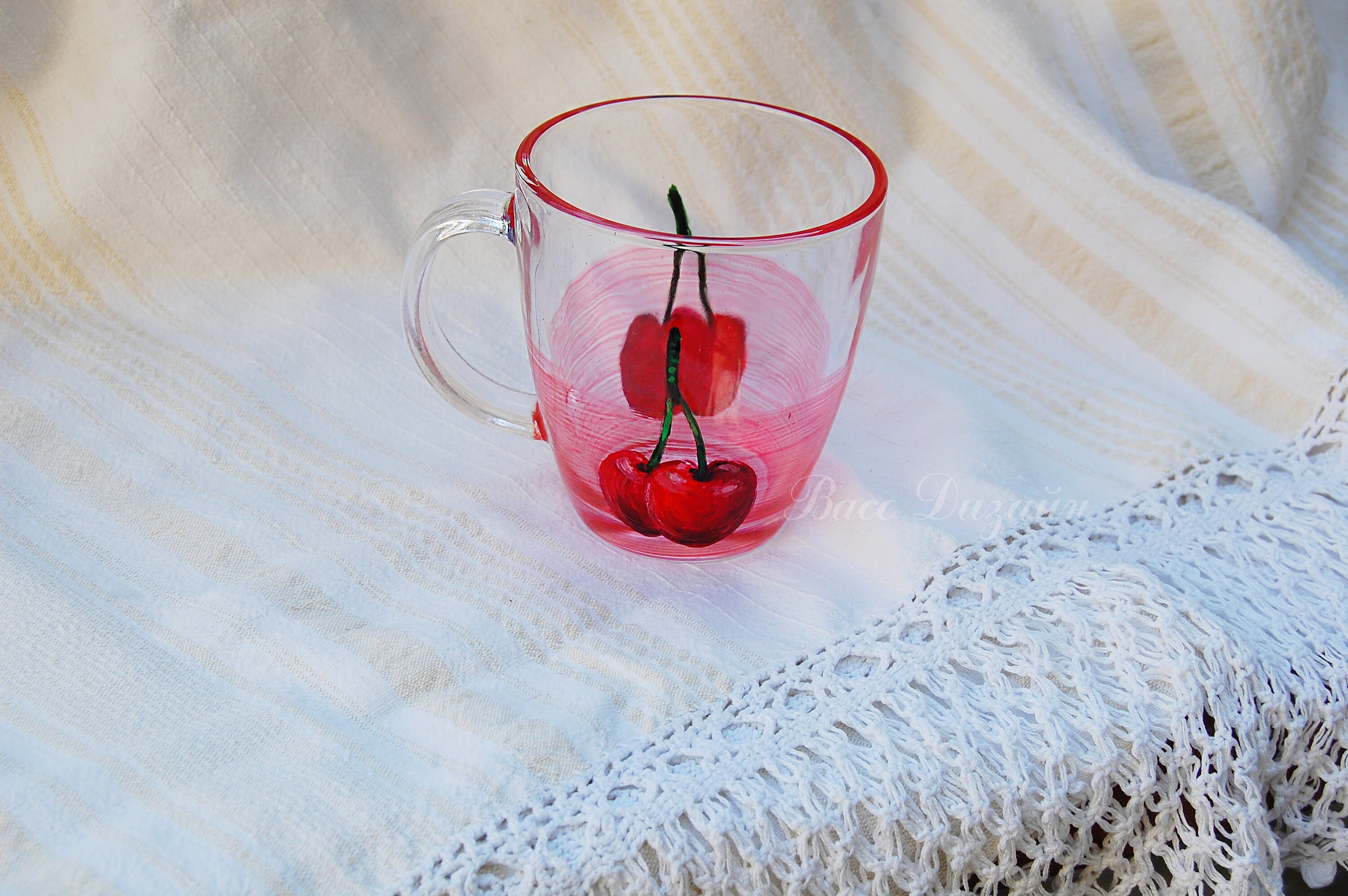 Cherries Red Glass Cup, Hand Painted Glass, Cherries Tea Cup, Cherries ...