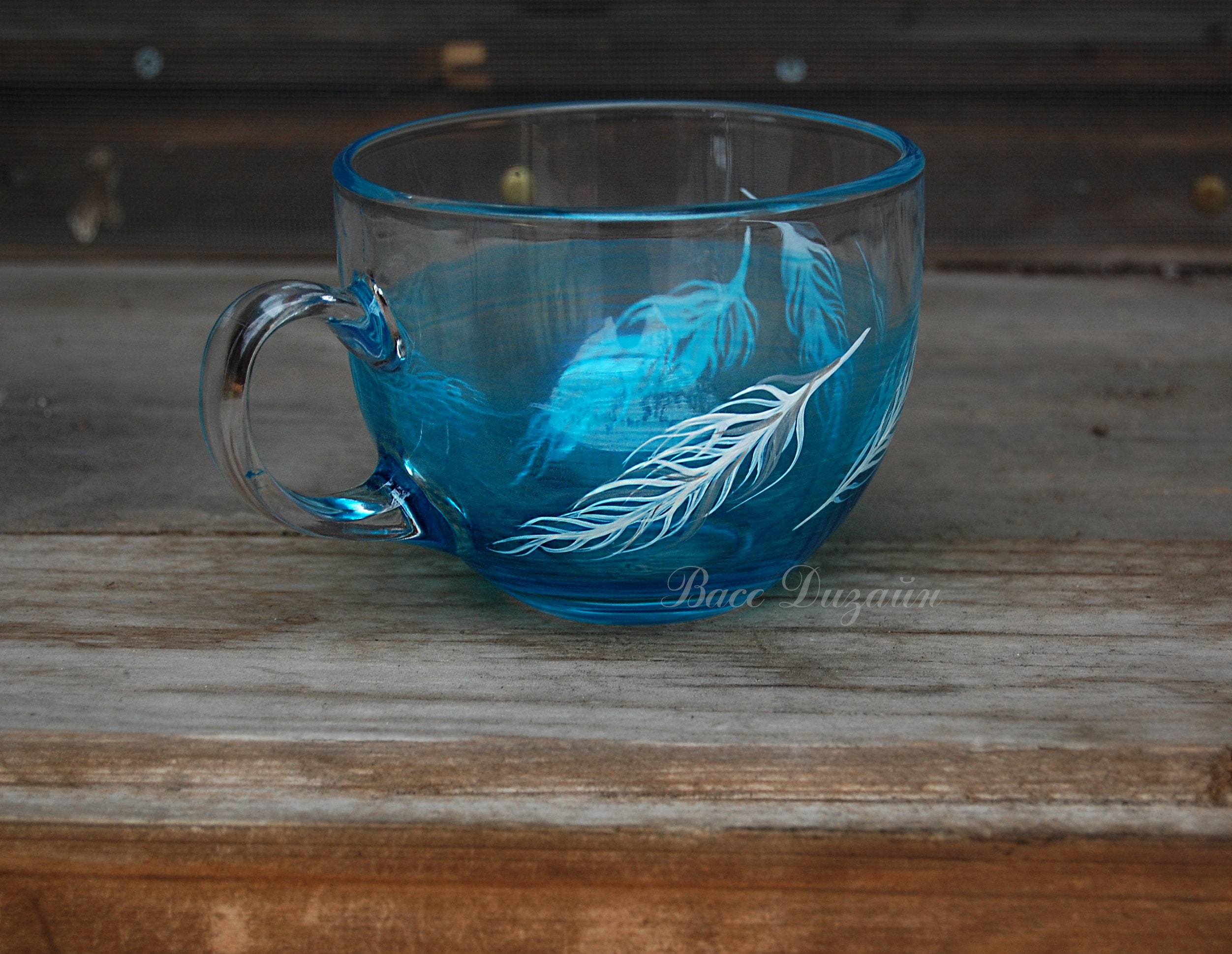 Blue Tea Mug, Feather Design, Mug With Feather, Big Glass Cup, Painted ...