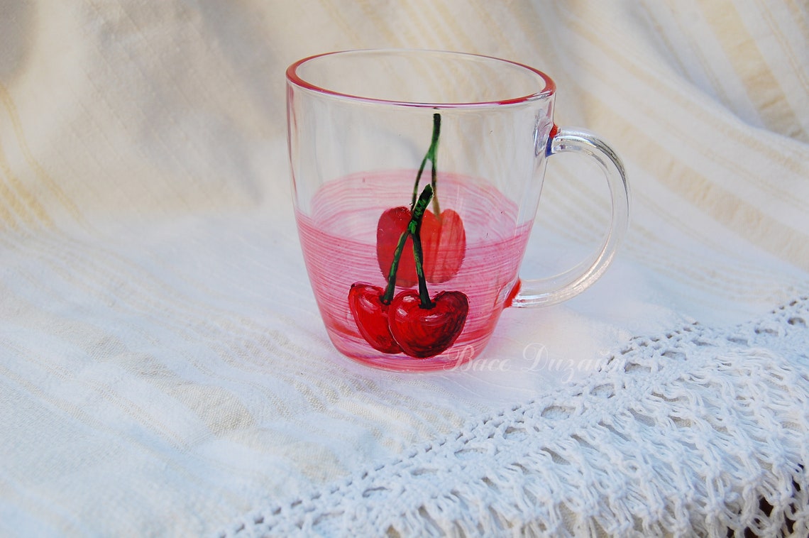 Cherries Red Glass Cup, Hand Painted Glass, Cherries Tea Cup, Cherries ...