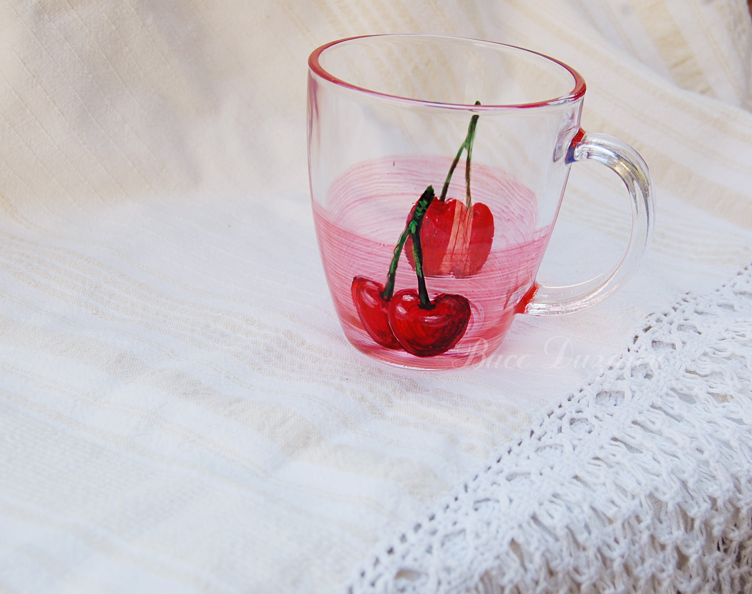 Cherries Red Glass Cup, Hand Painted Glass, Cherries Tea Cup, Cherries ...