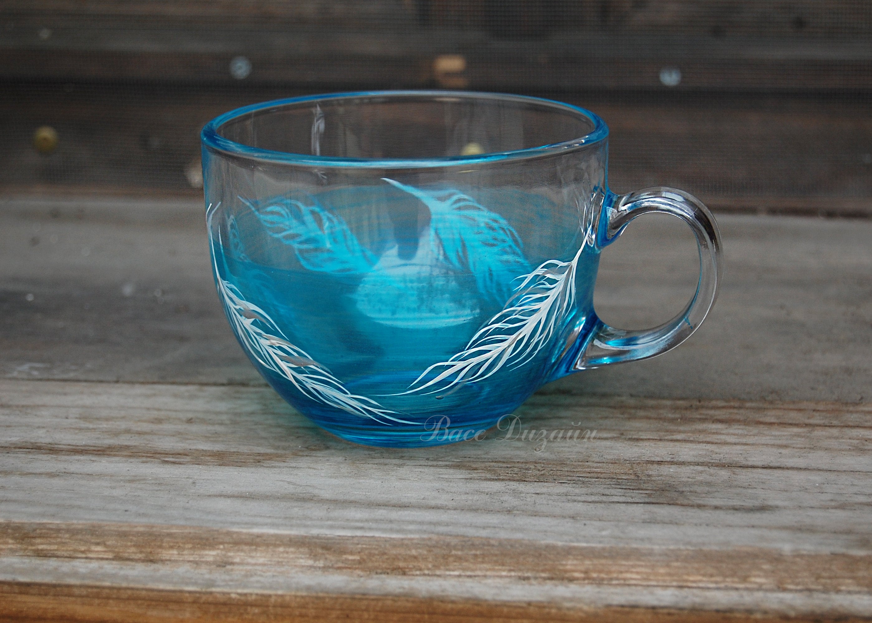 Blue Tea Mug, Feather Design, Mug With Feather, Big Glass Cup, Painted ...