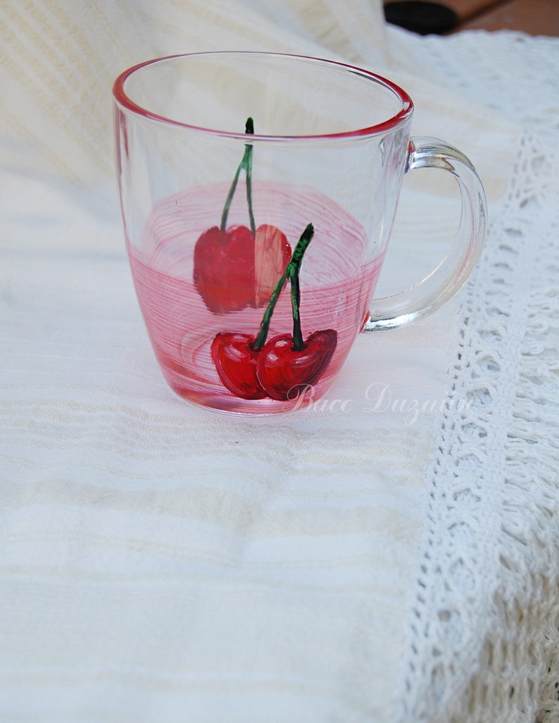 Cherries Red Glass Cup, Hand Painted Glass, Cherries Tea Cup, Cherries ...