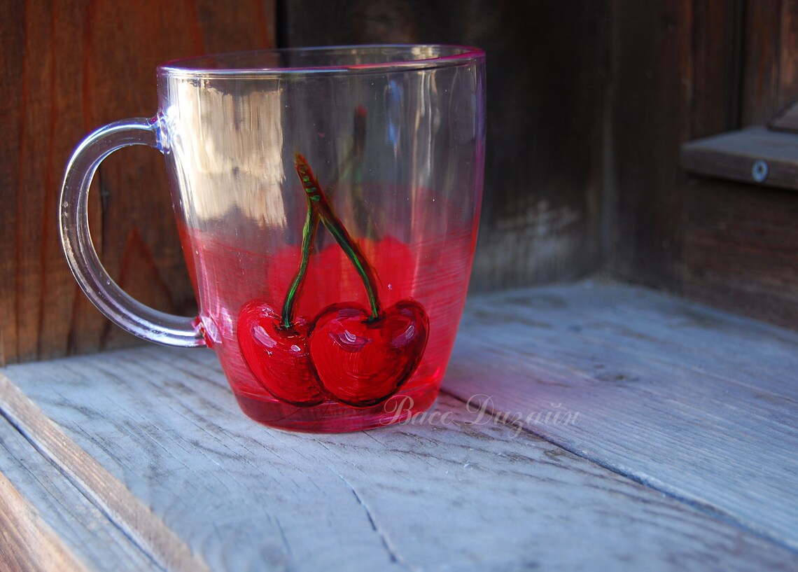 Cherries Red Glass Cup, Hand Painted Glass, Cherries Tea Cup, Cherries ...