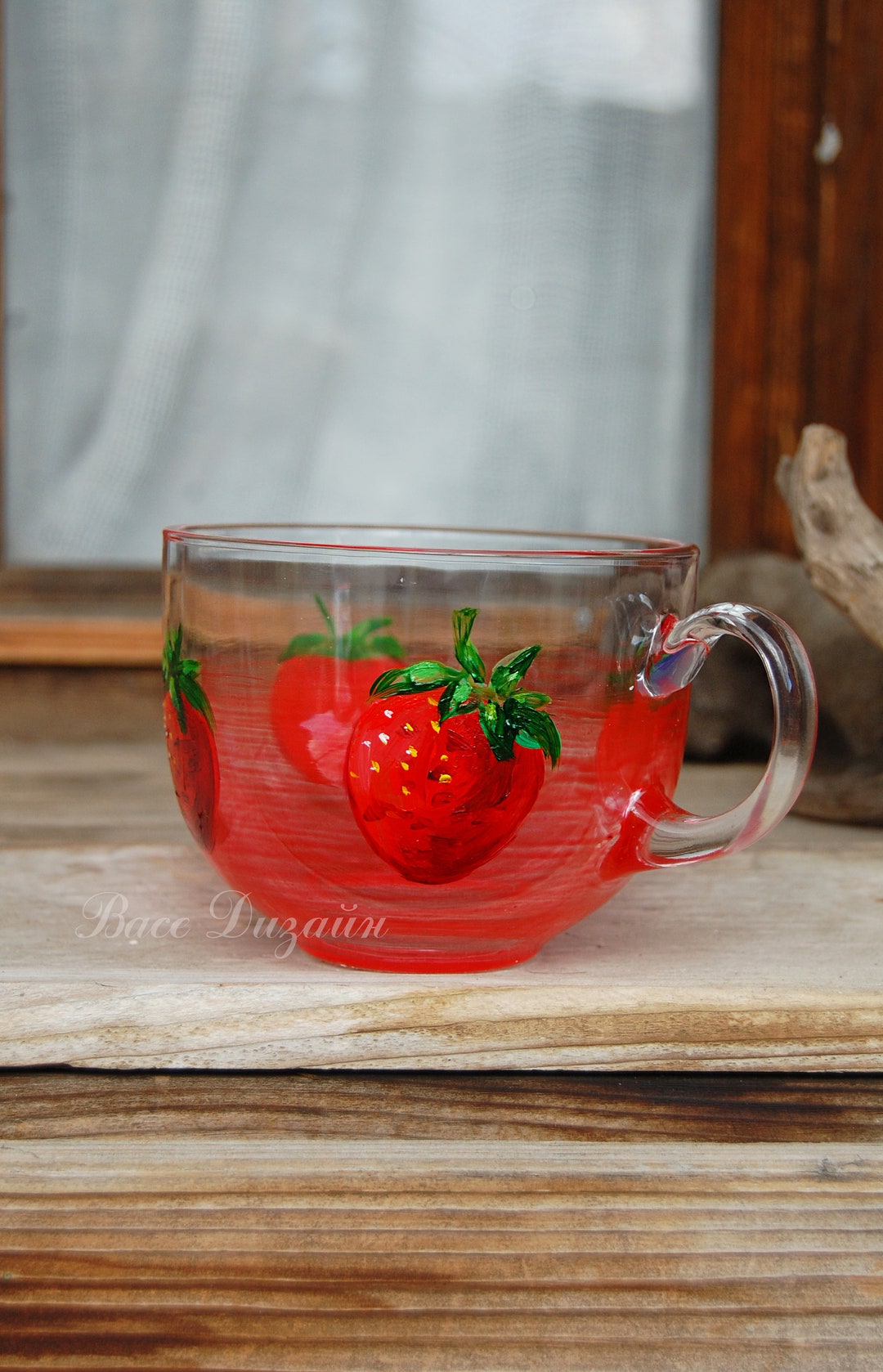 Painted Glass Tea Cup, Large Strawberries Mug, Glass Red Mug, Milk Bowl ...