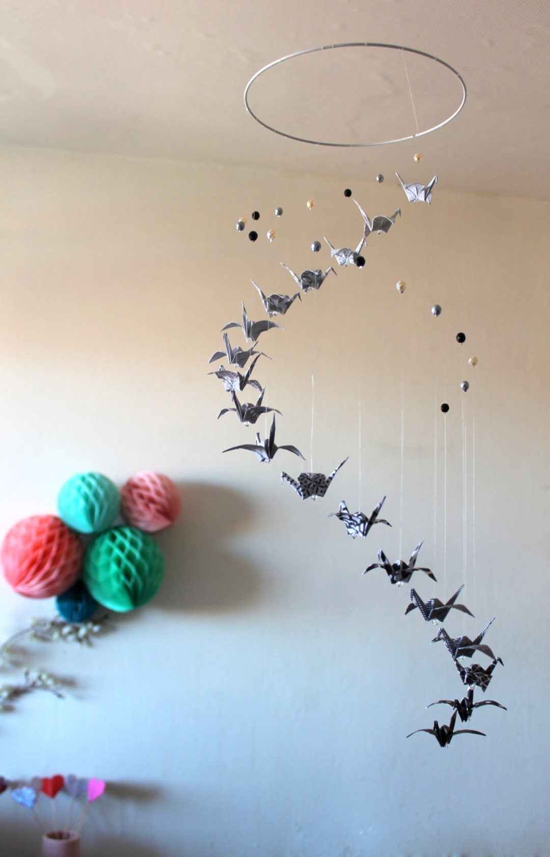 Origami Baby Mobile, Spiral Cranes, Black, Grey, White, and Glass Beads ...