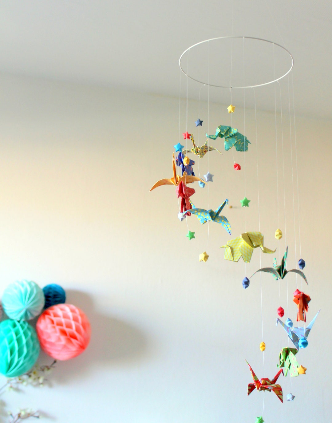 Origami Mobile for Baby With Paper Crane and Elephants, Spirale Shape ...