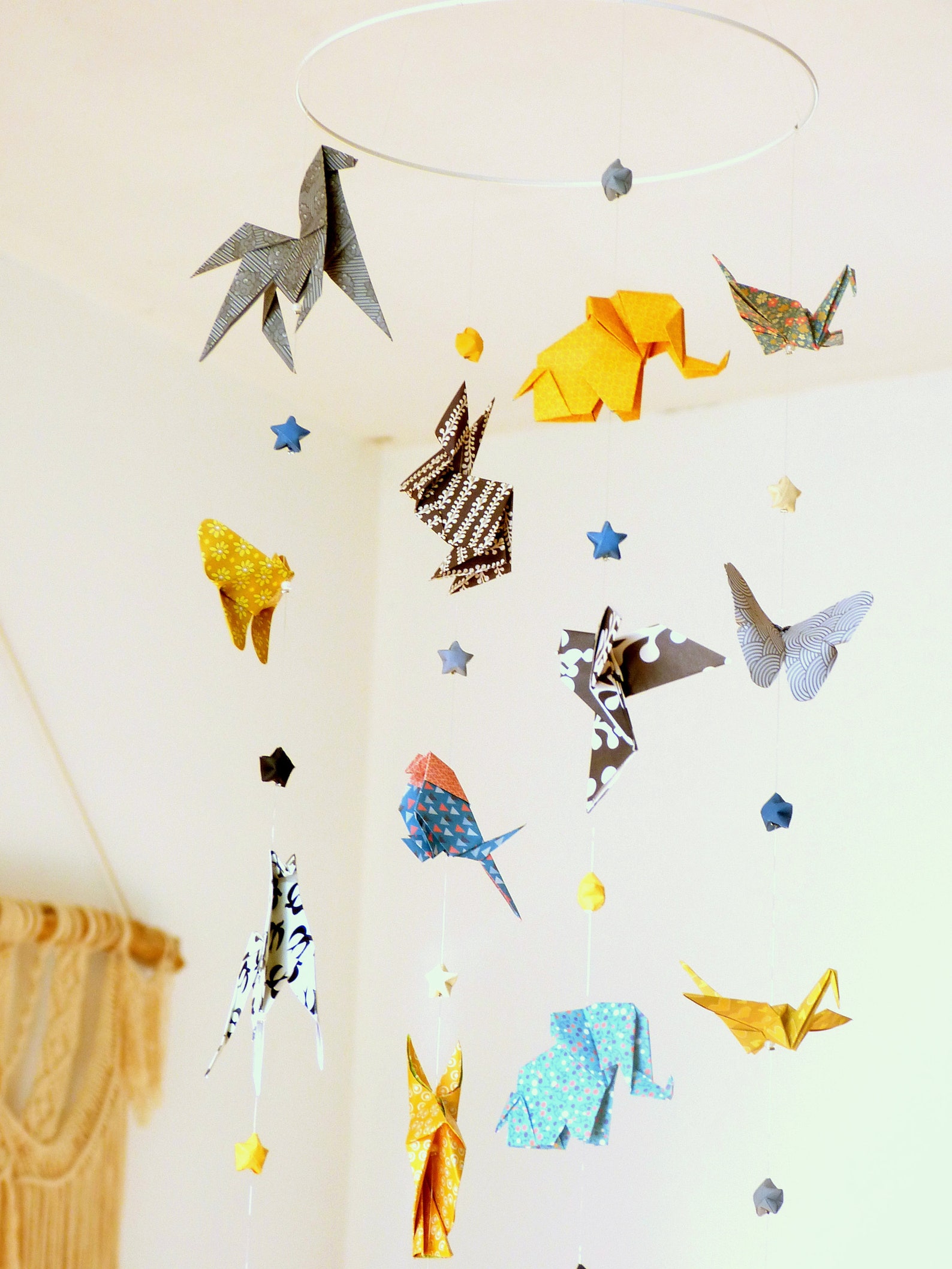 Origami mobile baby animals origami blue petrol yellow | Etsy