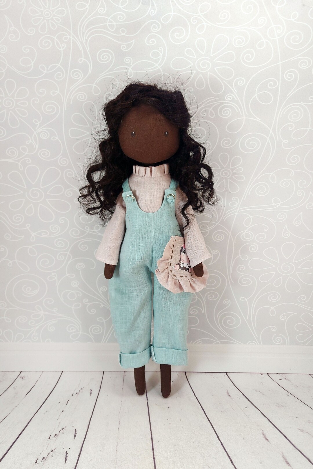 Handmade 16" Black Rag Doll in Overalls - Soft Textile Doll - Etsy