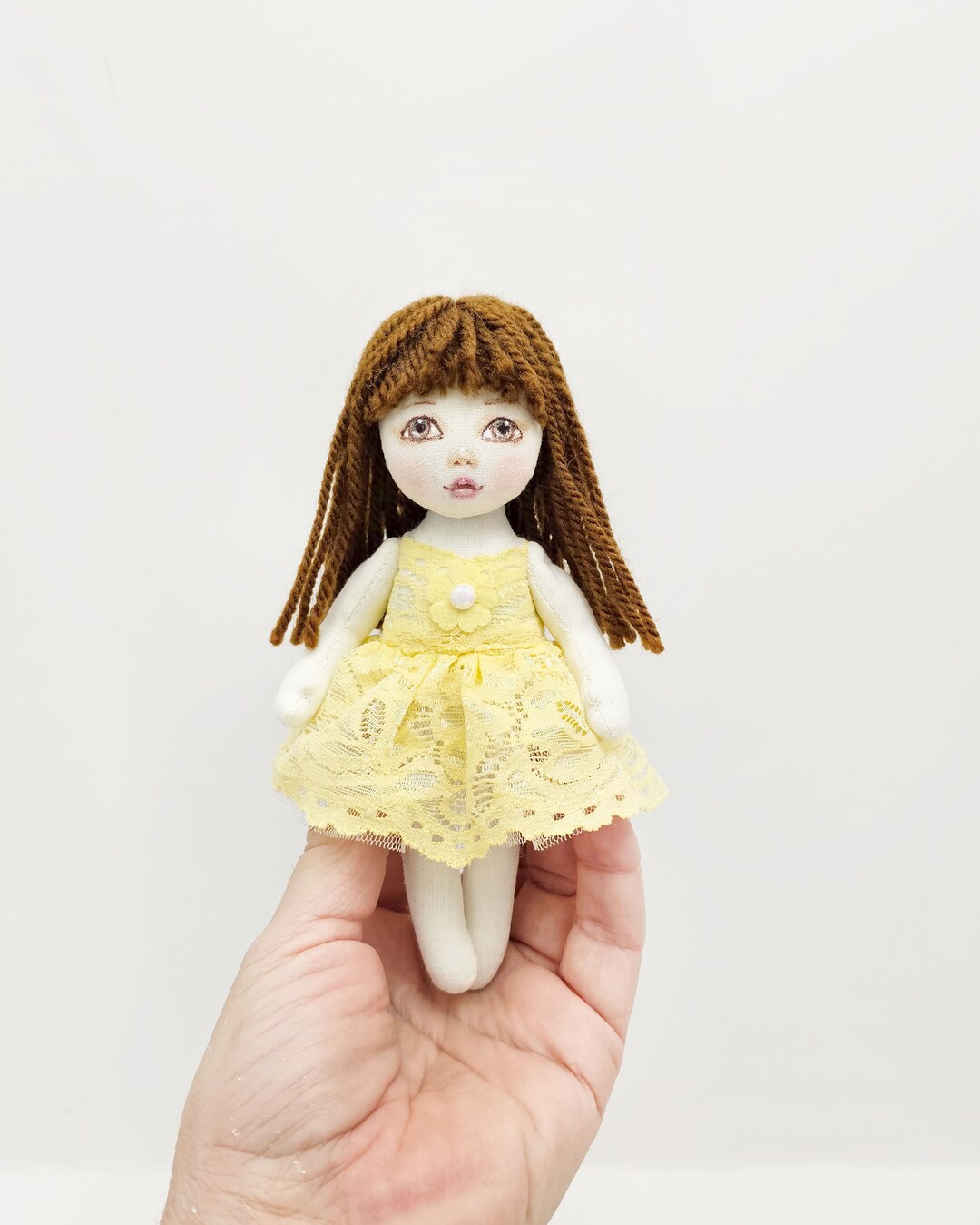Miniature Rag Doll 6" in Yellow Dress With Brown Hair - Etsy