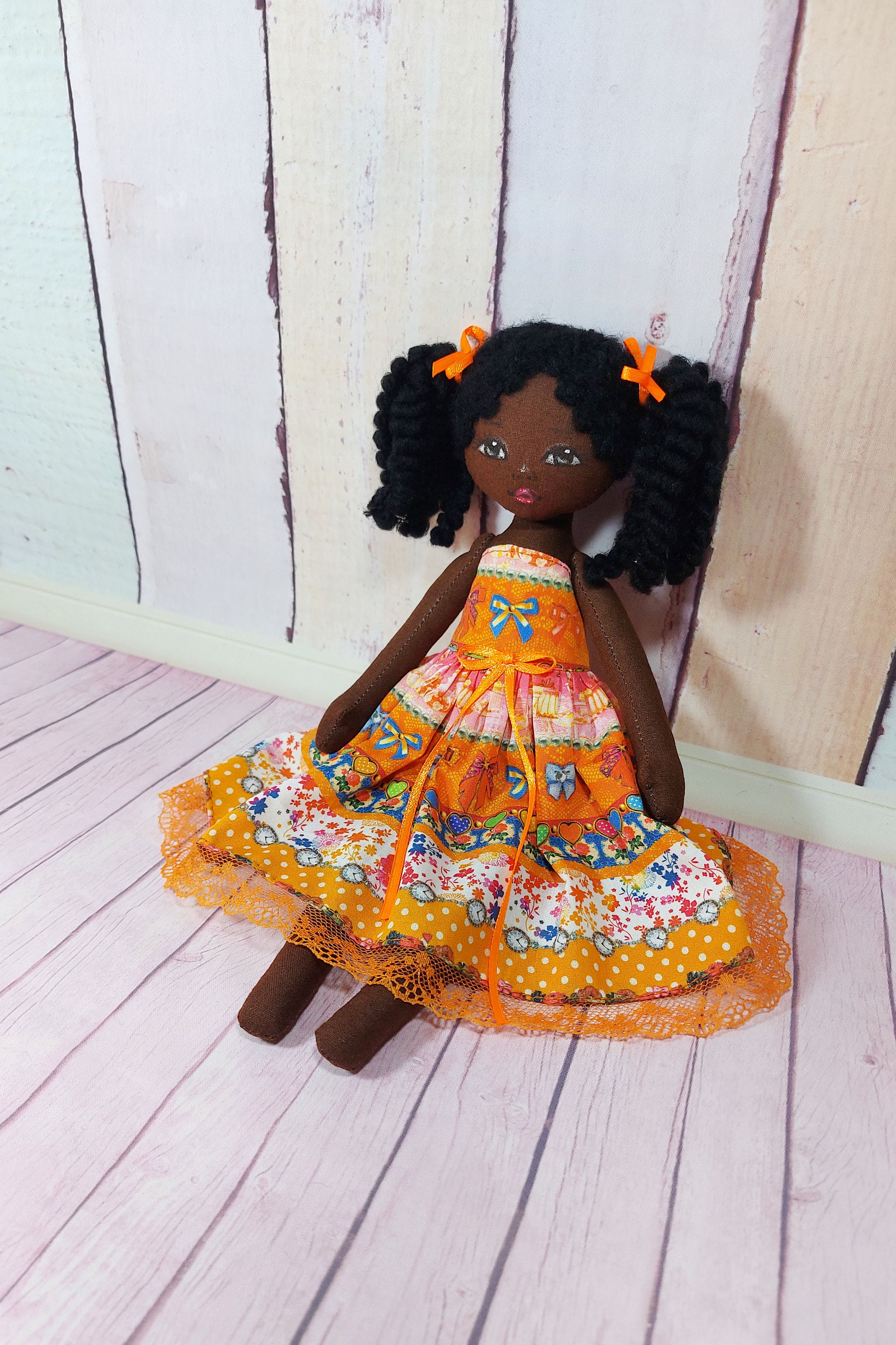 Little black doll in an orange dress a gift for a girl a | Etsy
