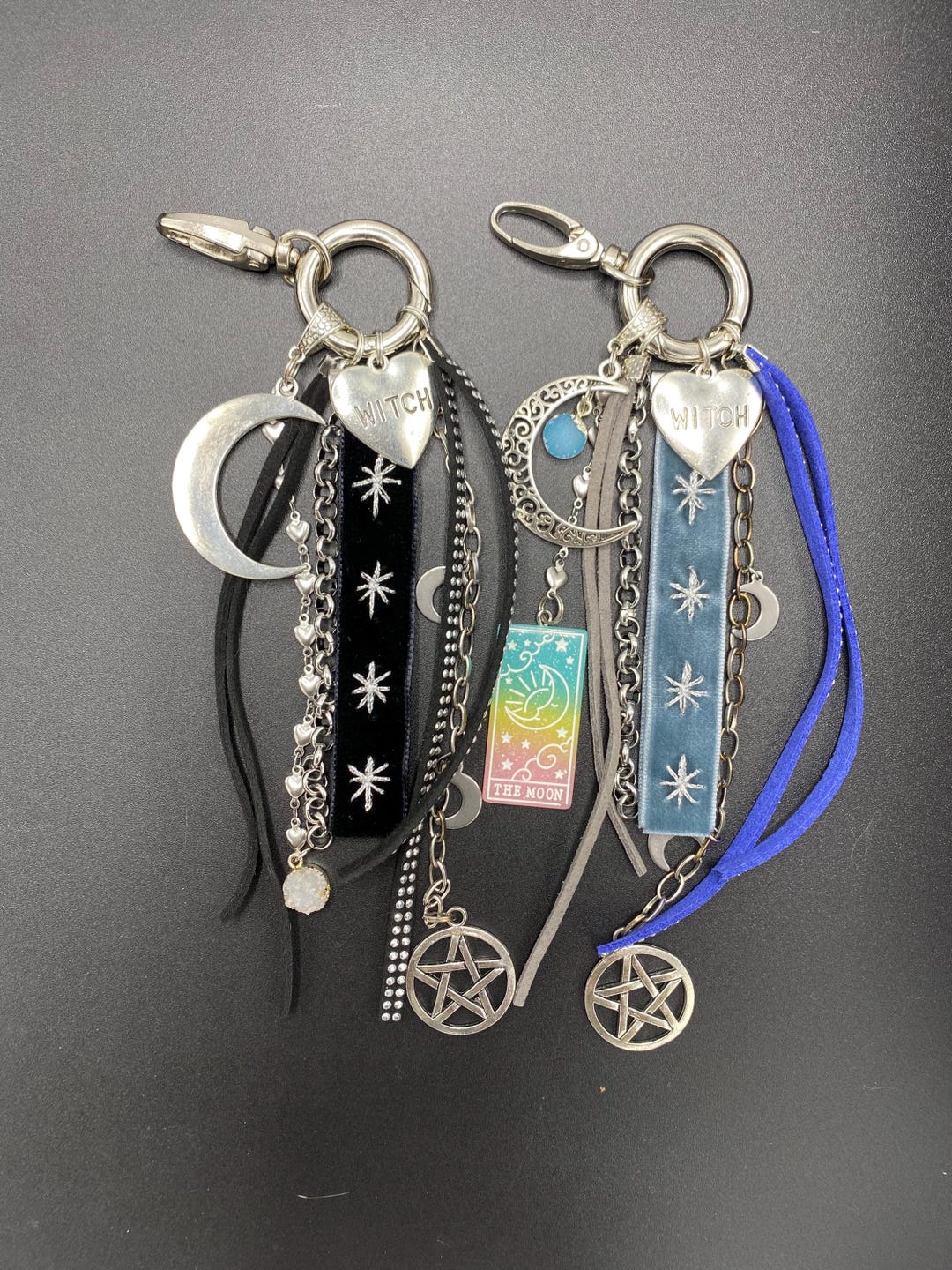 Witchy Velvet Keychain: Gothic Bag Charm With Tarot & Moon Charms - Etsy