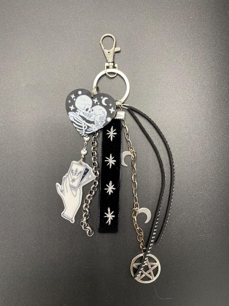 Witchy Velvet Keychain: Gothic Bag Charm With Tarot & Moon Charms - Etsy