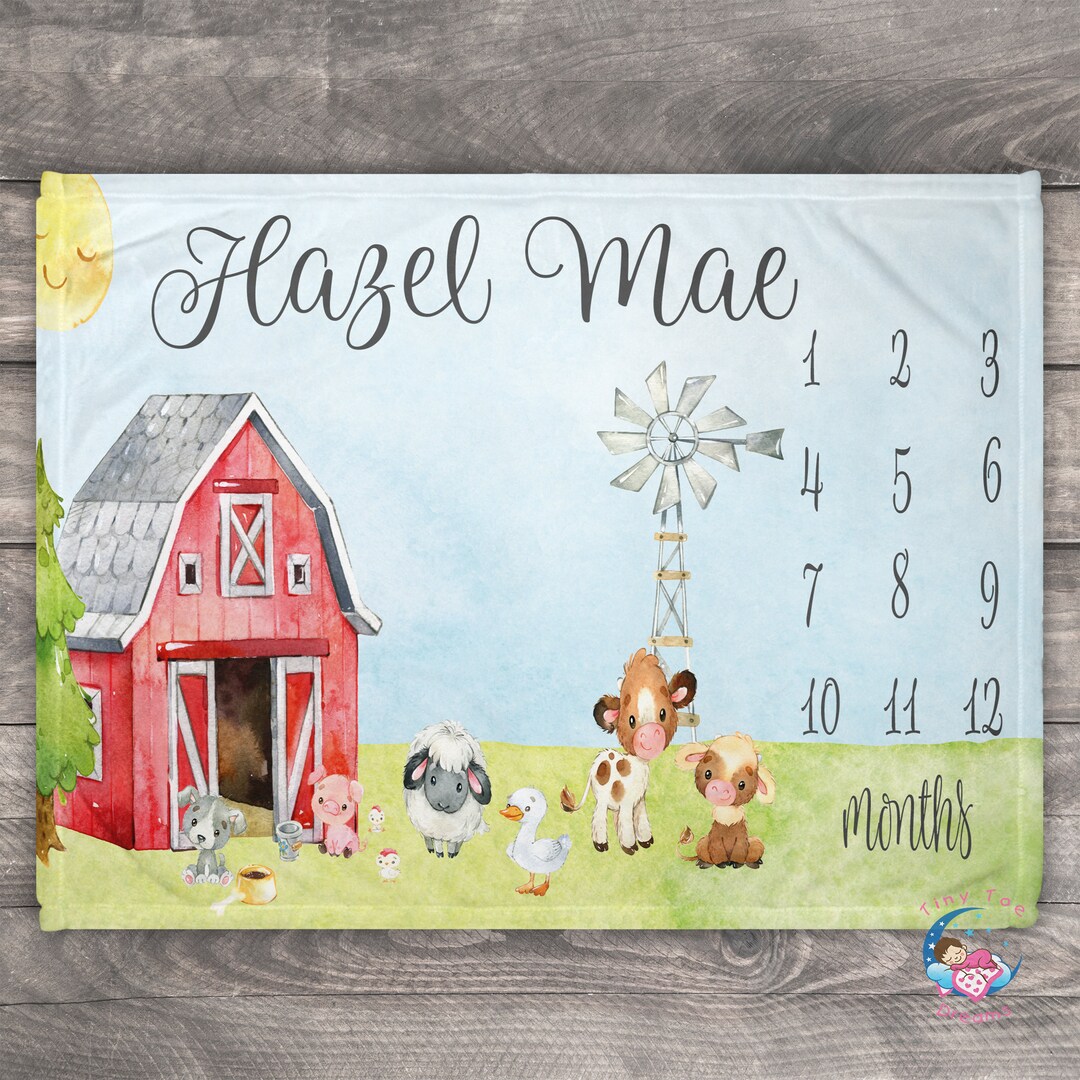 Baby Monthly Milestone Blanket, Neutral Farm Blanket, Baby Milestone ...