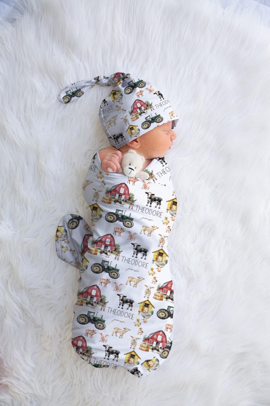 Personalized Farm Baby Swaddle – Custom Name Tractor and Barn Newborn ...