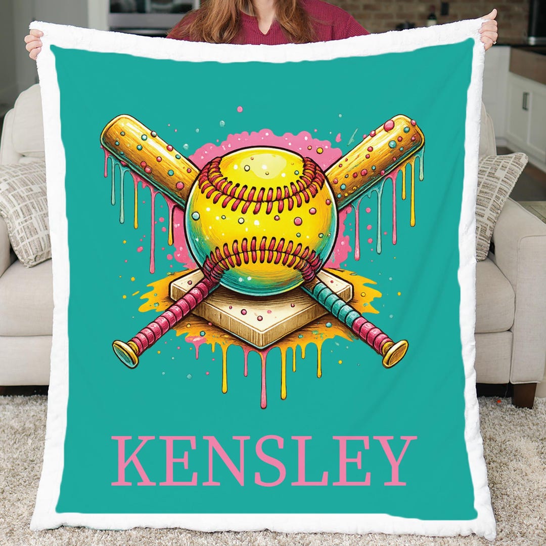 Personalized Softball Drip Blanket – Custom Name Sports Throw With Bats ...