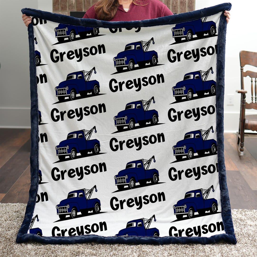 Personalized Tow Truck Blanket – Custom Name Boys Blanket, Blue Truck ...