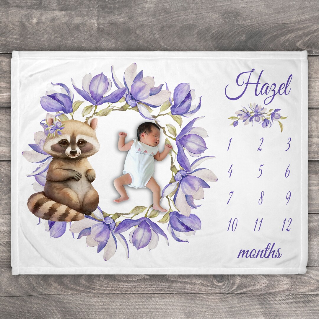 Raccoon Milestone Blanket, Baby Girl Monthly Milestone Blanket, Raccoon Themed Gifts, Woodland ...