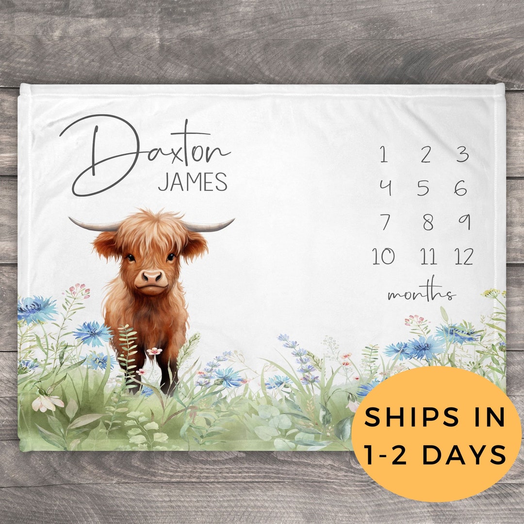 Boho Highland Cow Milestone Blanket, Monthly Baby Blanket, Highland Cow ...