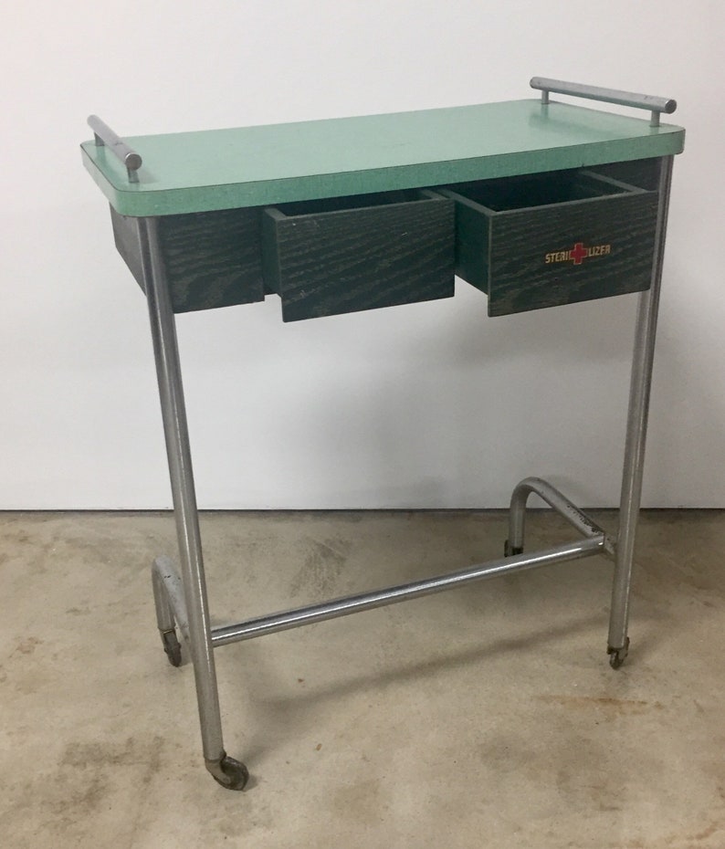 Vintage Industrial Tubular Steel Rolling Stool and Cantilevered Table ...